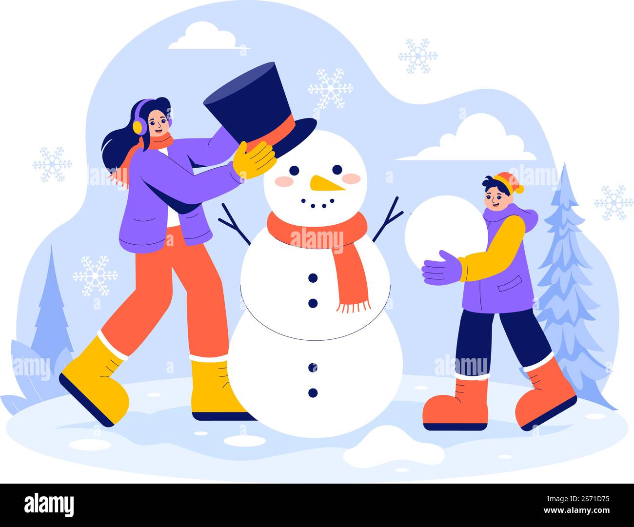 Vector Illustration of People Having Fun Outdoors Building a Snowman ...