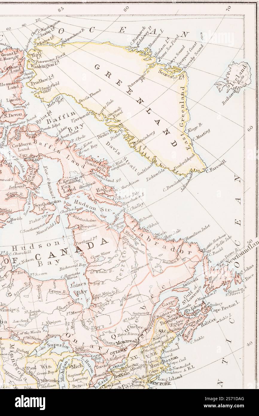 Old Atlas Greenland map [1890s] of polar region around which has become ...