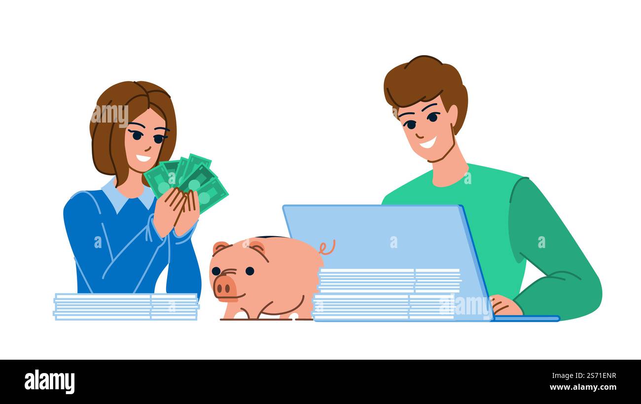 couple finance vector. woman man laptop, home young budget, happy money ...
