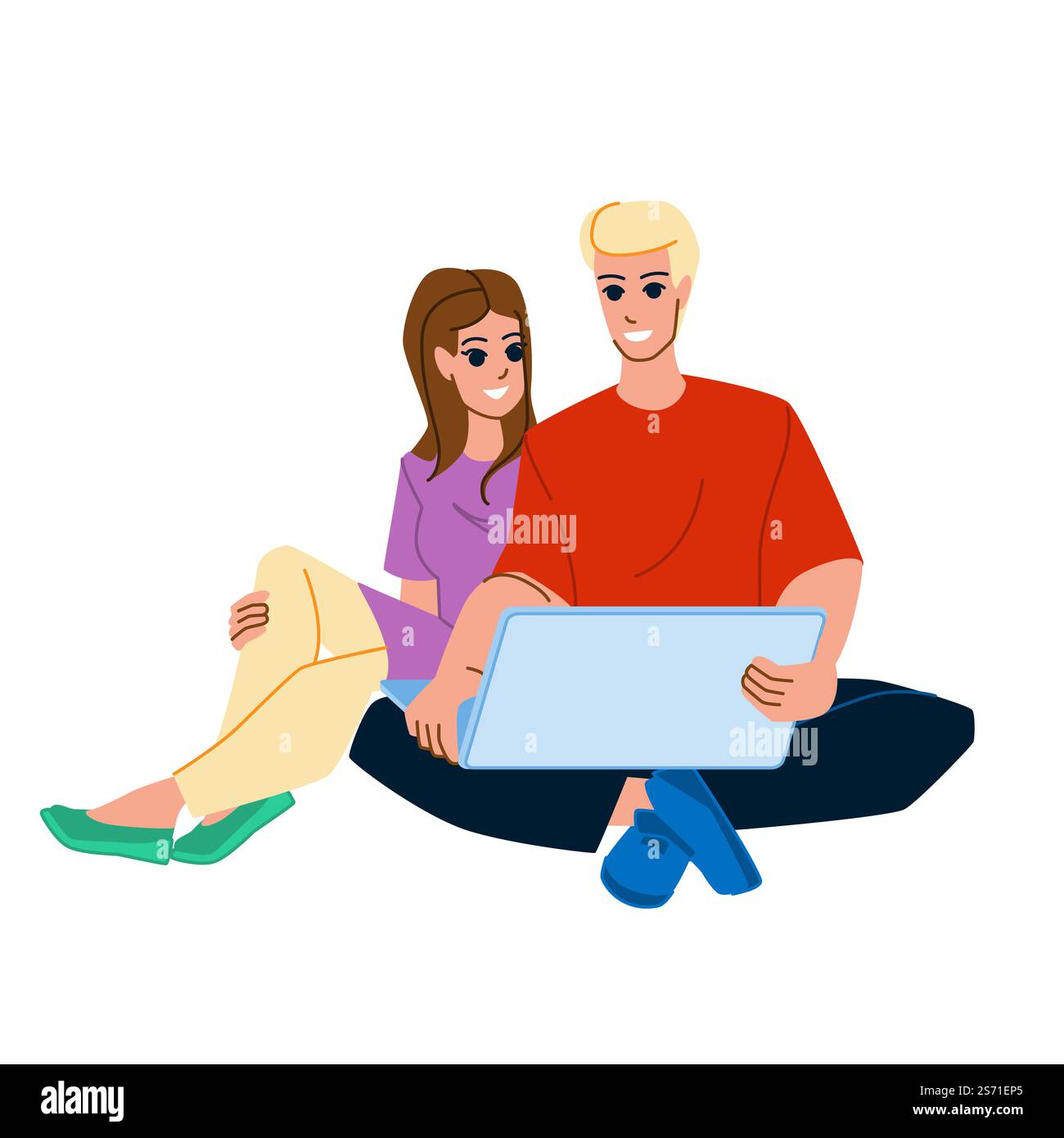 couple using computer vector. happy home woman, man sofa, technology ...