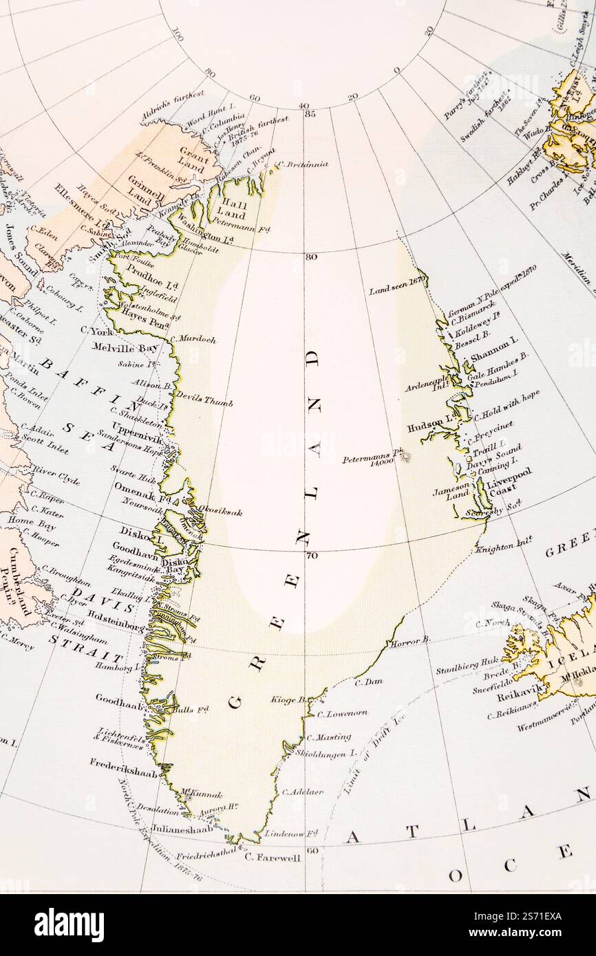 Old book Greenland map [1880s] of the polar region around which has ...