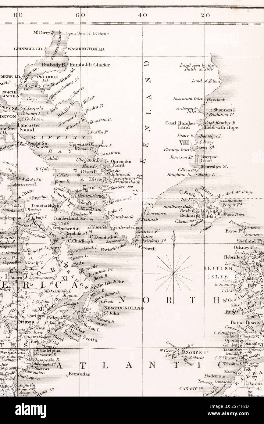 Old book Greenland map [1880s] of the polar region around which has ...