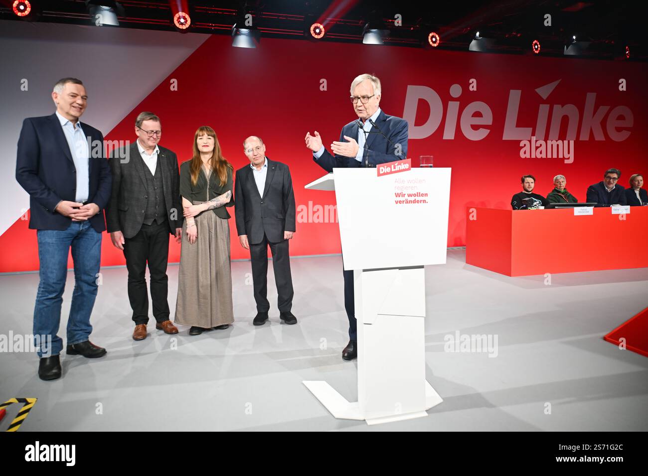 18 January 2025, Berlin: Jan van Aken (l-r), Federal Chairman of the ...