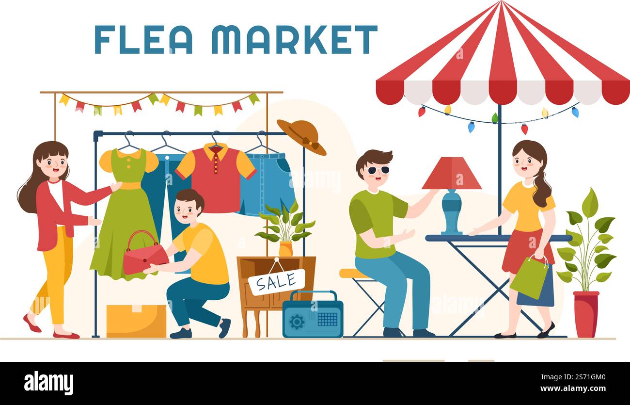 Flea Market Template Hand Drawn Cartoon Flat Illustration Second Hand ...