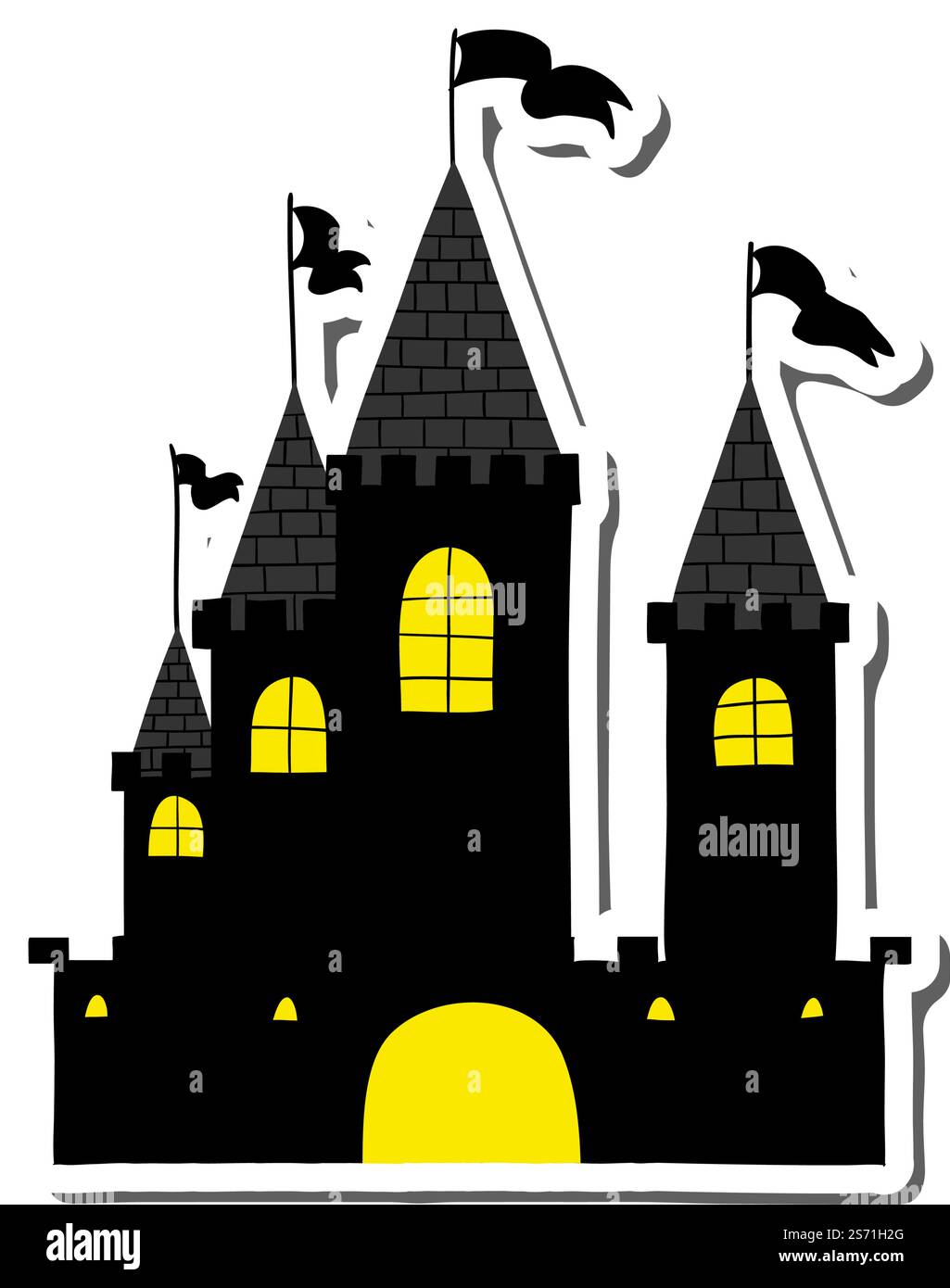 Halloween black castle with yellow windows Sticker with shadow. Vector ...