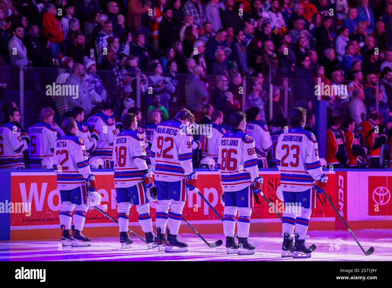 Rochester, New York, USA. 17th Jan, 2025. Rochester Americans players stand during the national ...