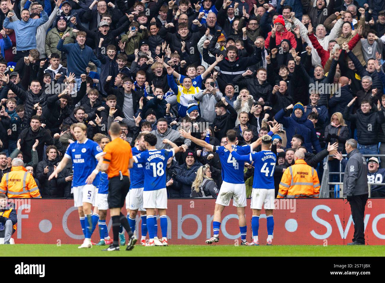 Dimitris Goutas of Cardiff City (4) celebrates with teammates after ...