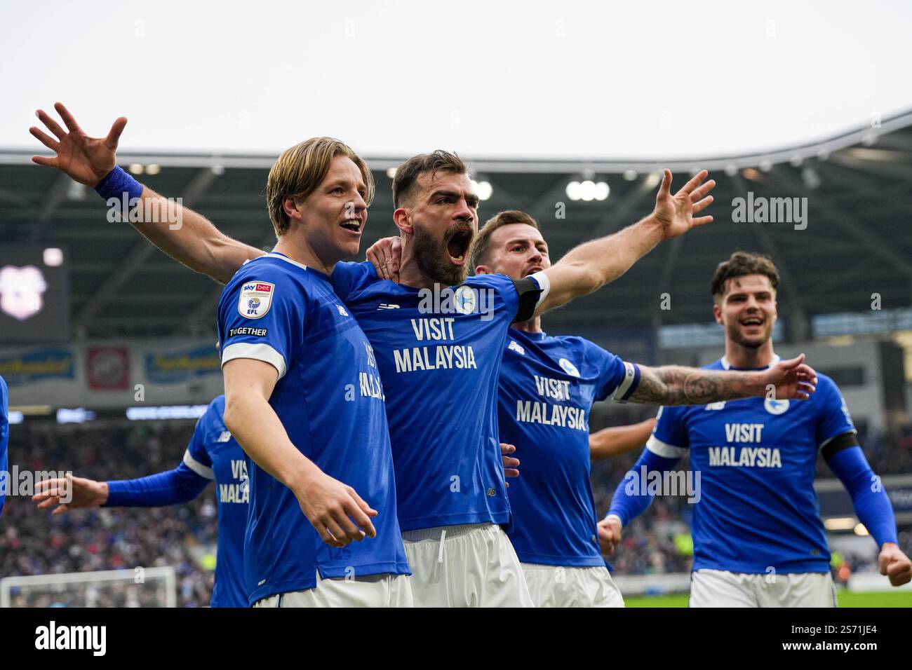 Cardiff, UK. 18th Jan, 2025. Dimitris Goutas of Cardiff City celebrates ...