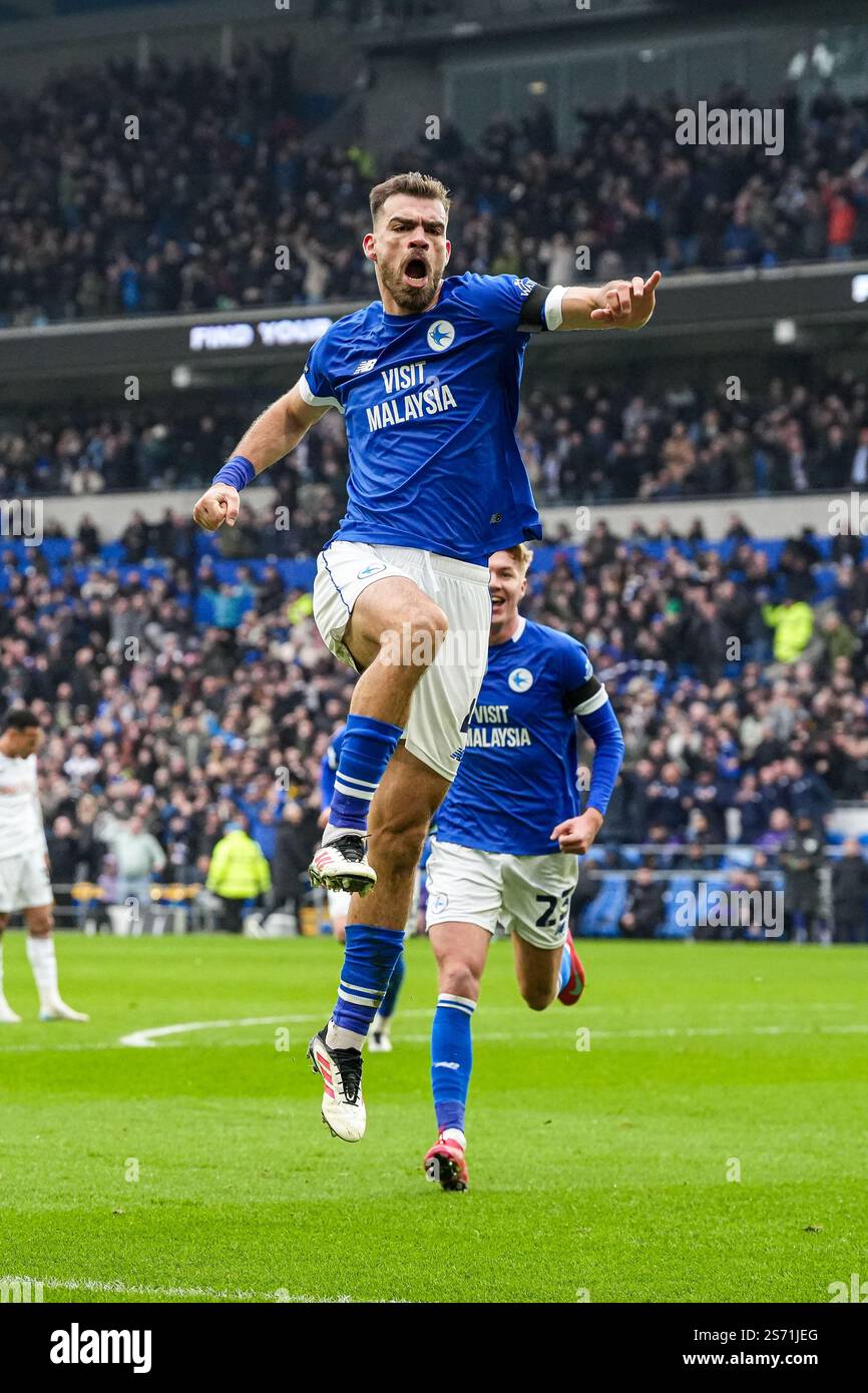 Cardiff, UK. 18th Jan, 2025. Dimitris Goutas of Cardiff City celebrates ...