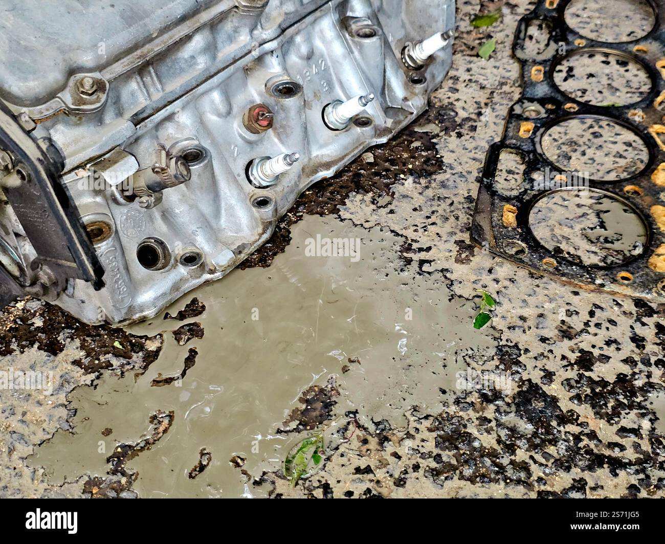 broken cylinder head gasket of the vehicle, with the Tahini like liquid ...