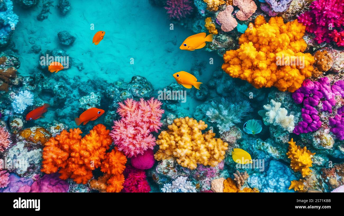 Aerial view of a vibrant coral reef underwater,showcasing the stunning ...