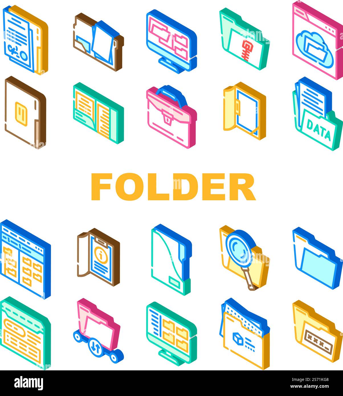 Folder Document Business File Icons Set Vector Office Computer Paper Data Archive Information