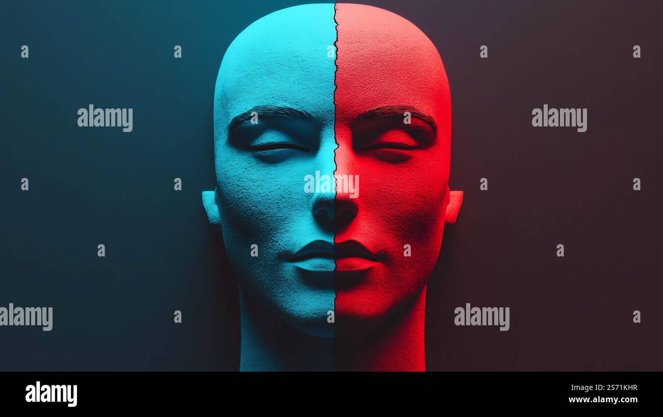 Dual-Colored Glowing AI-Inspired Facial Split Portrait - Representing ...