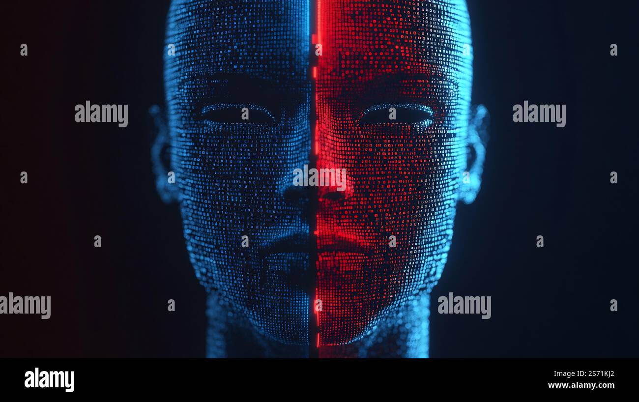 A digital showcasing a split face with glowing red and blue details ...