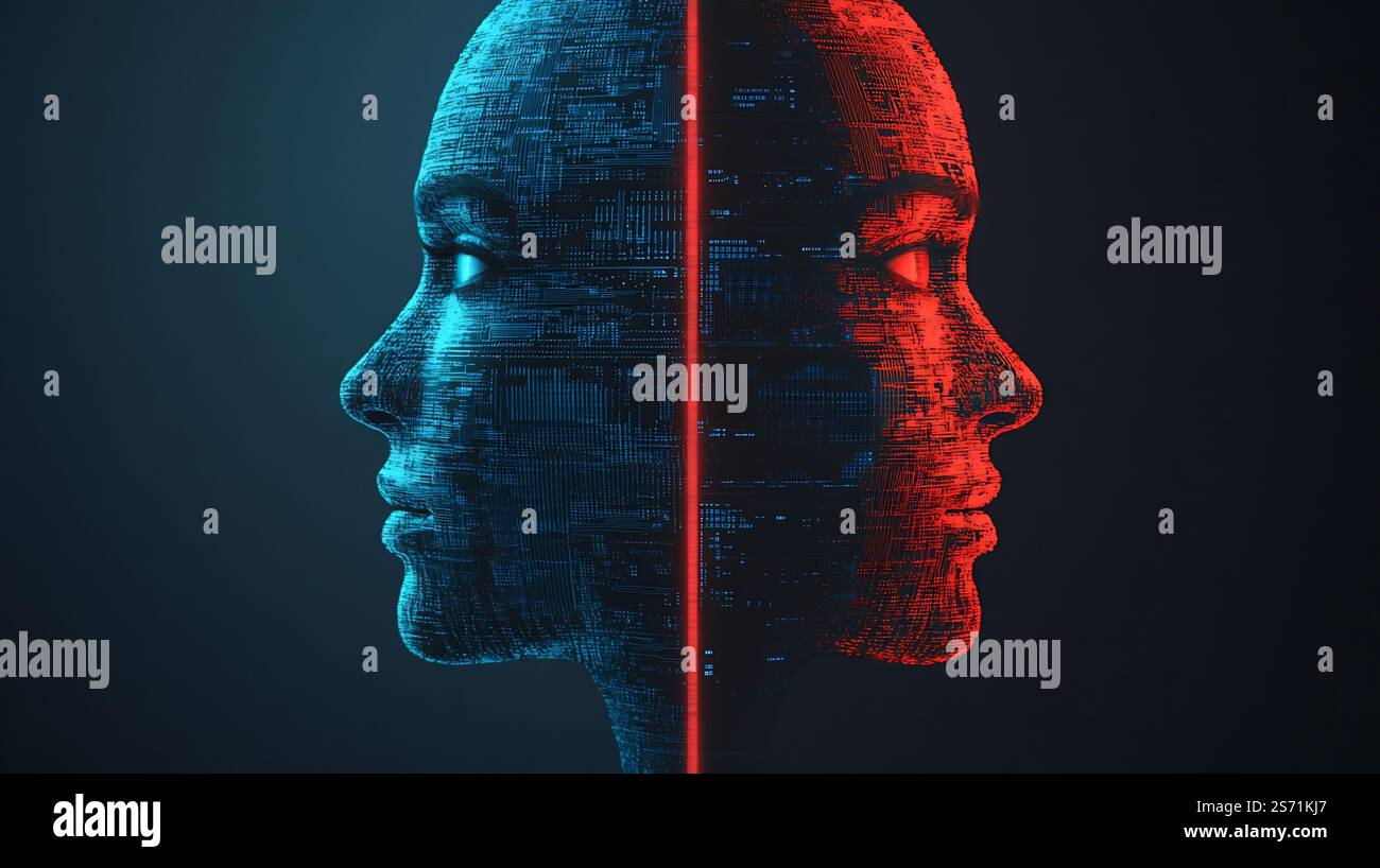 Digitally divided face with intense glowing red and blue details ...