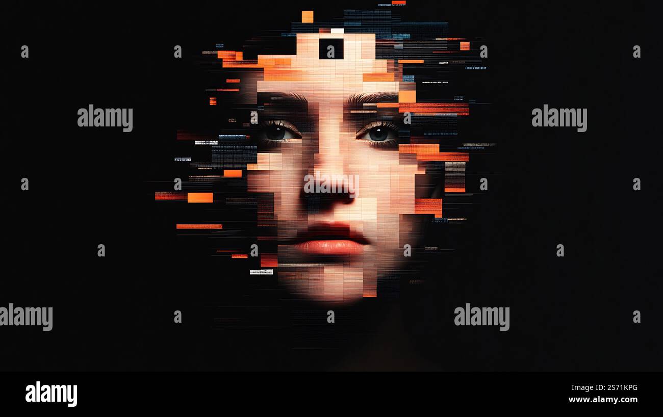 Fragmented digital portrait showcasing a futuristic face distorted into ...