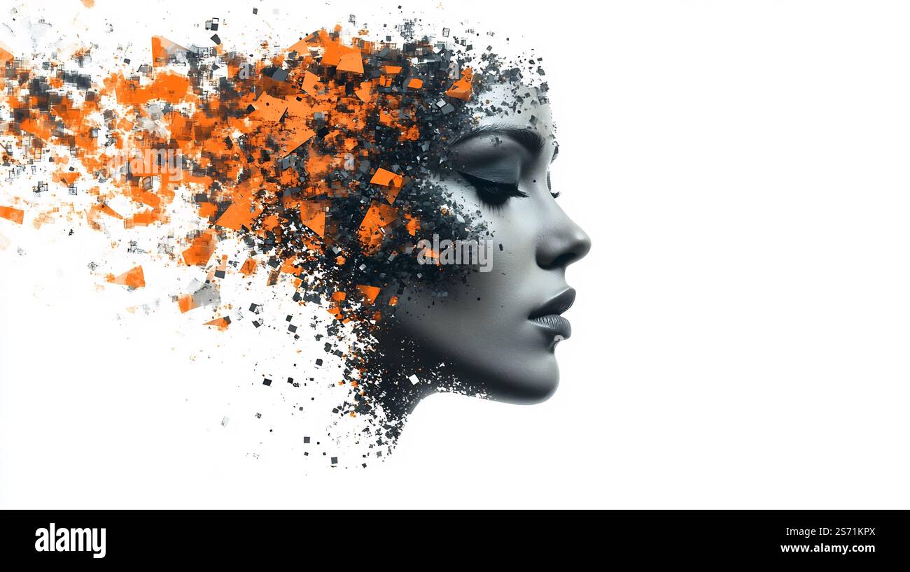 Digital portrait of a futuristic face disintegrating into a dynamic ...