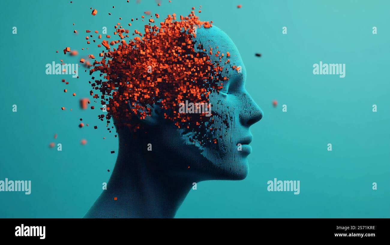 Striking digital artwork depicting a pixelated human face gradually disintegrating and ...