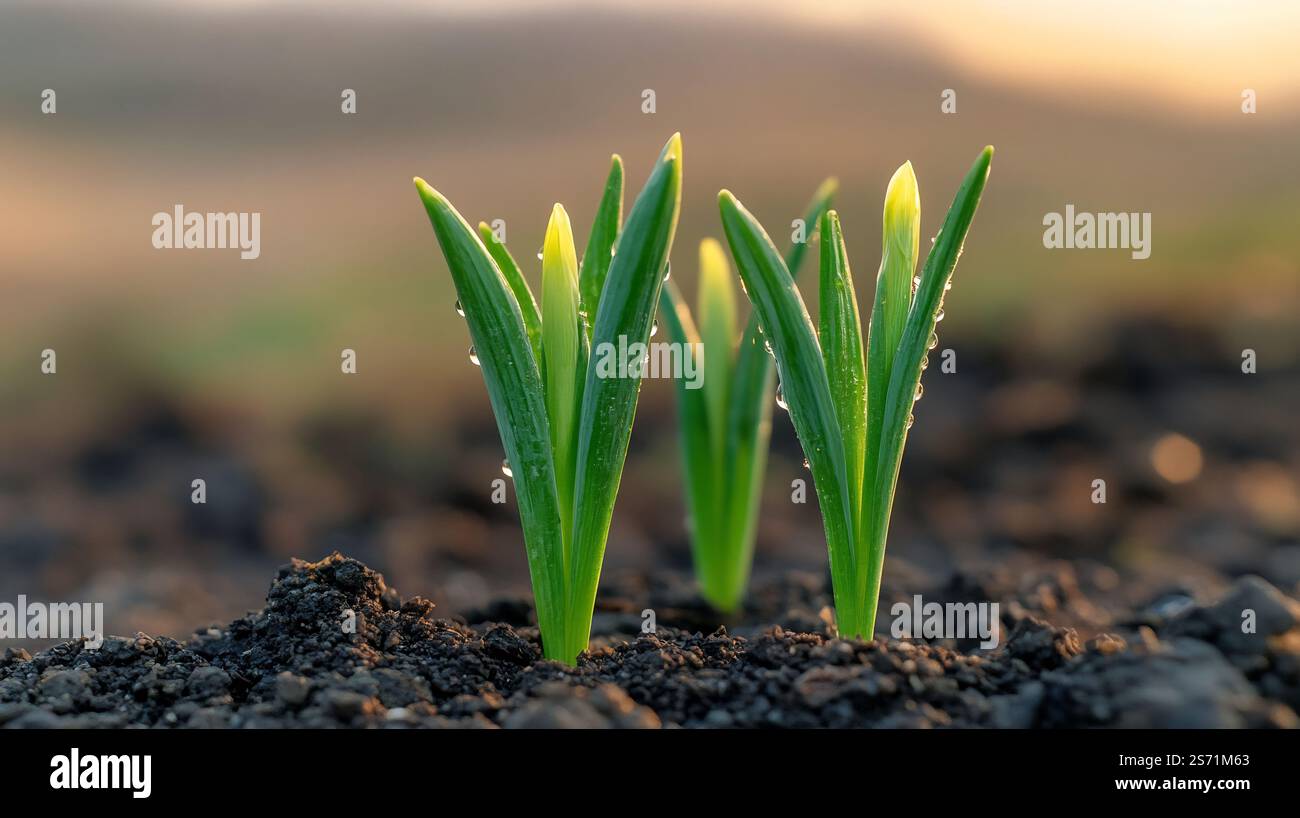 Tender green shoots emerging from the soil with delicate water droplets ...