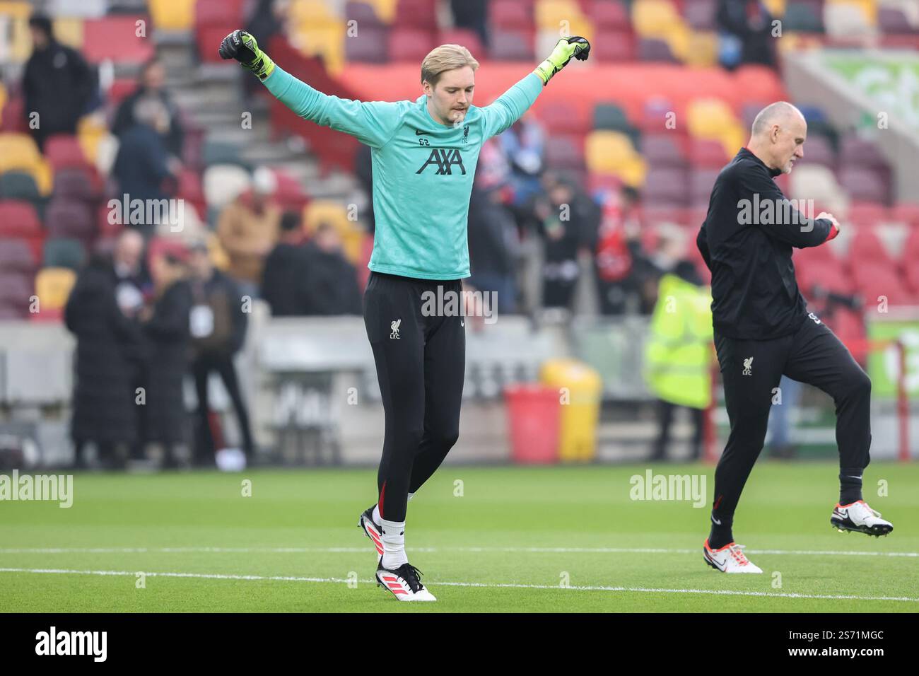 Caoimhin Kelleher of Liverpool in the pregame warmup session during the ...