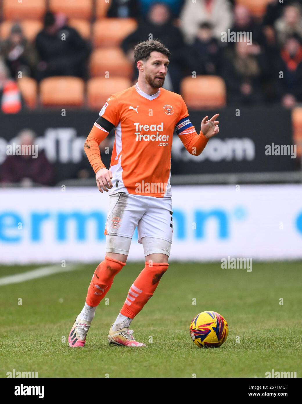 James Husband of Blackpool makes a break with the ball during the Sky ...
