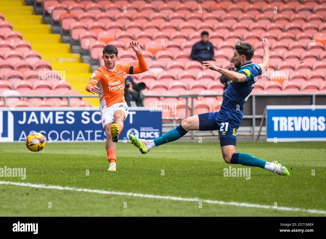 Rob Apter of Blackpool shoots on goal during the Sky Bet League 1 match ...