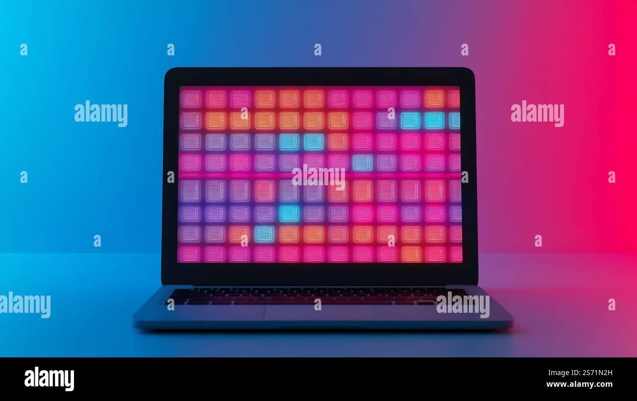 Simplified glowing laptop screen with vibrant,geometric digital icons ...