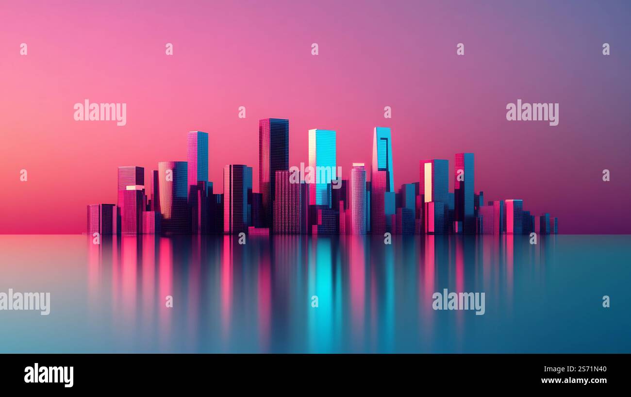 Simplified futuristic urban cityscape with glowing clean lines and ...