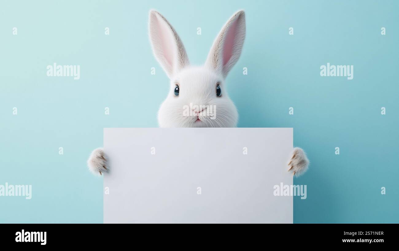 Cute and adorable white bunny or rabbit holding a blank sheet of white ...