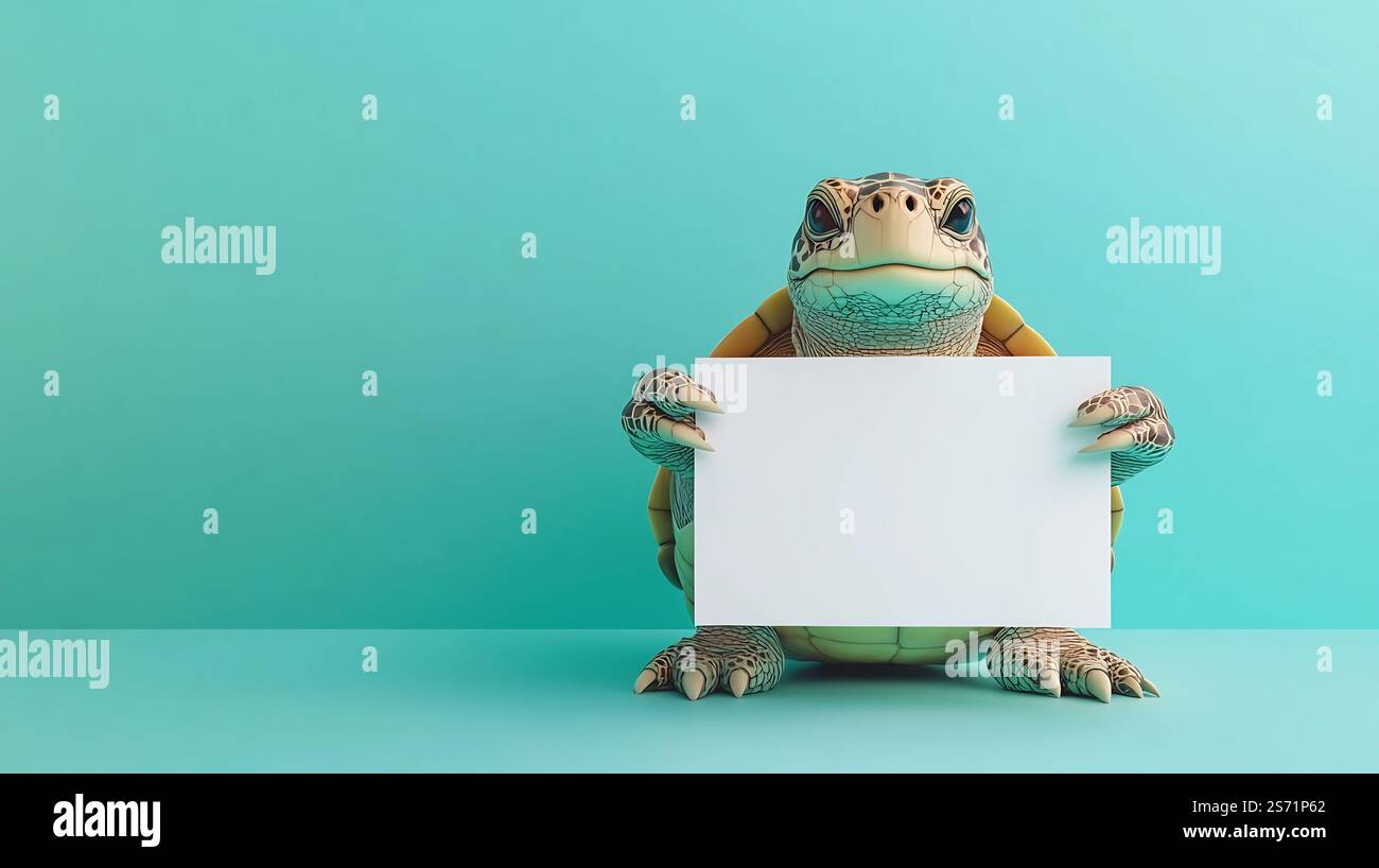 Tiny turtle character holding a blank paper sign or message with a ...