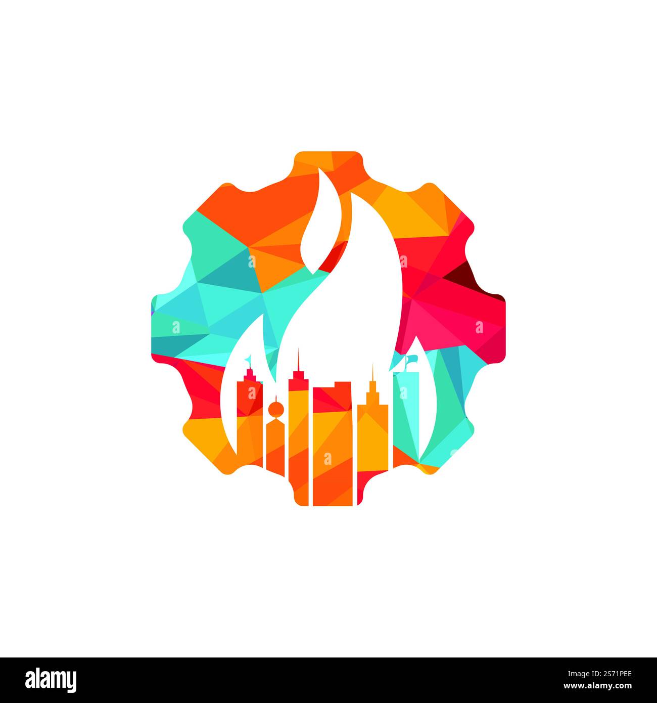 Fire city vector logo design template. Buildings and fire with Cog ...