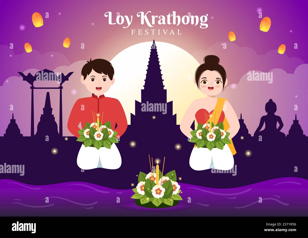 Loy Krathong Festival Celebration in Thailand Template Hand Drawn ...