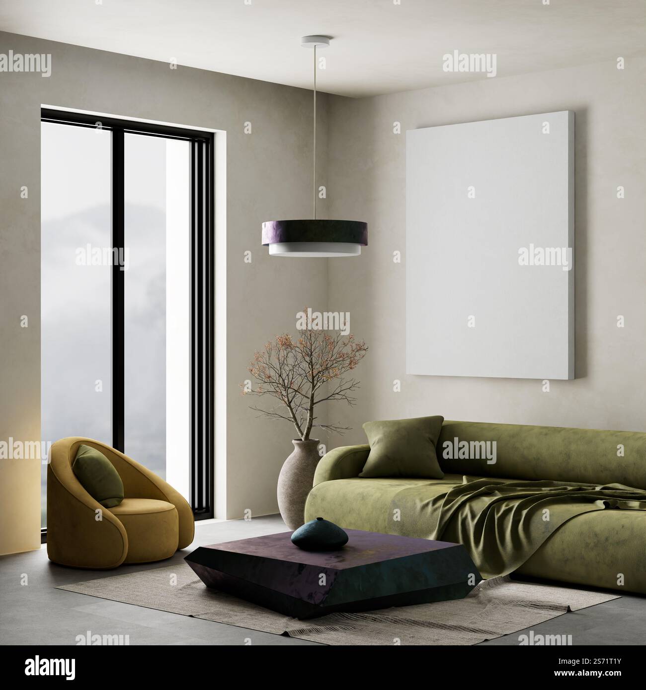 living room interior mock up with modern furnitures. Poster frame mock ...