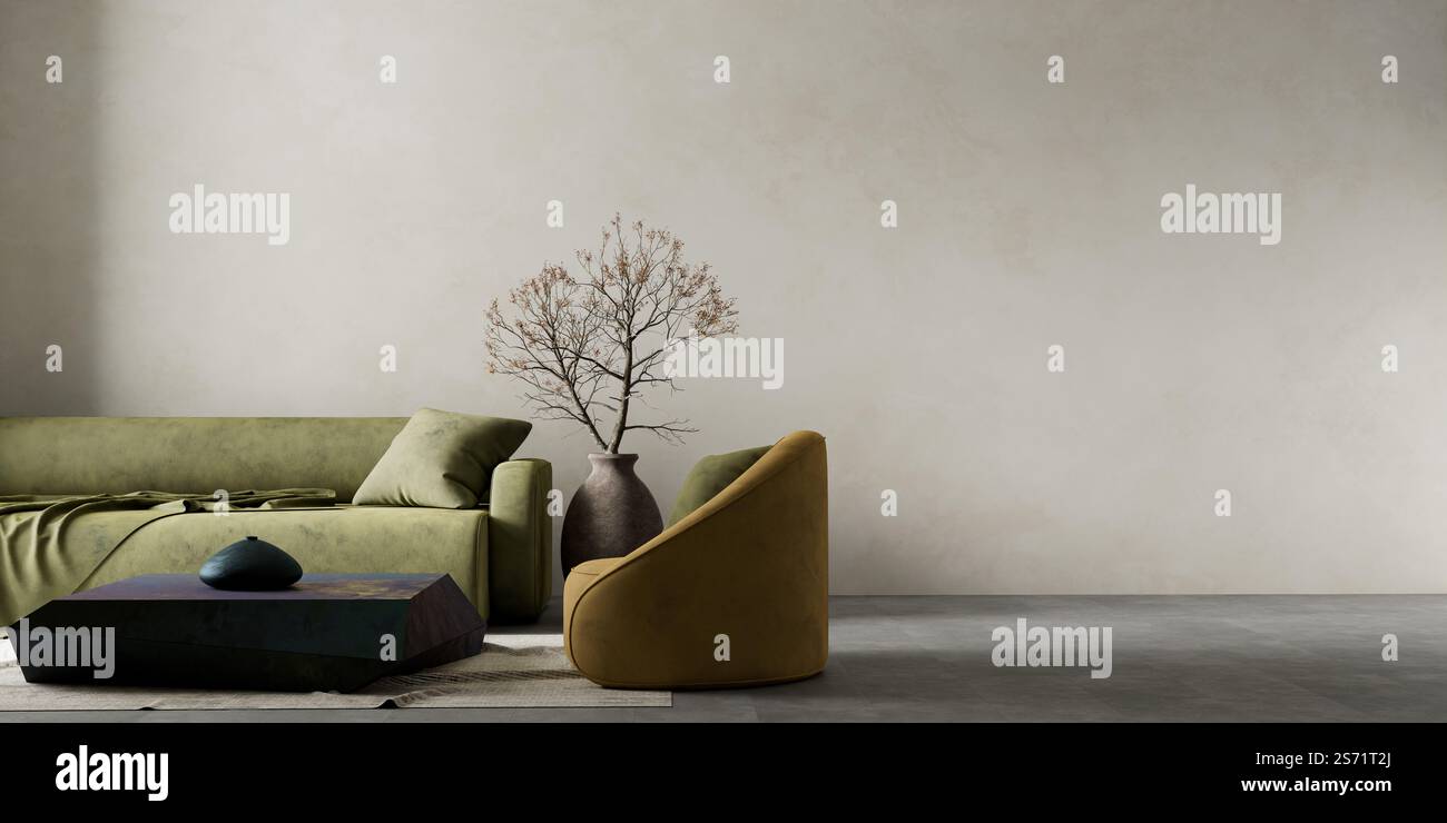 living room interior mock up with modern furnitures. Empty wall mock up ...
