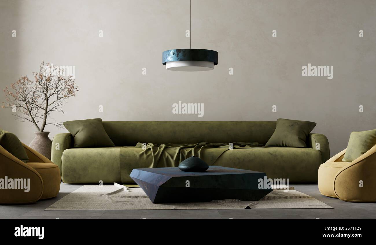 living room interior mock up with modern furnitures. Empty wall mock up ...