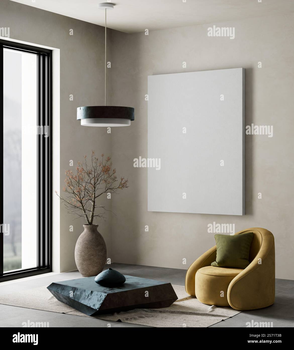 living room interior mock up with modern furnitures. Poster frame mock ...