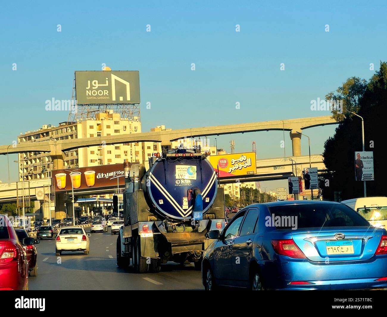 Cairo, Egypt, December 15 2024: large tanker lorry vehicle, drainage ...