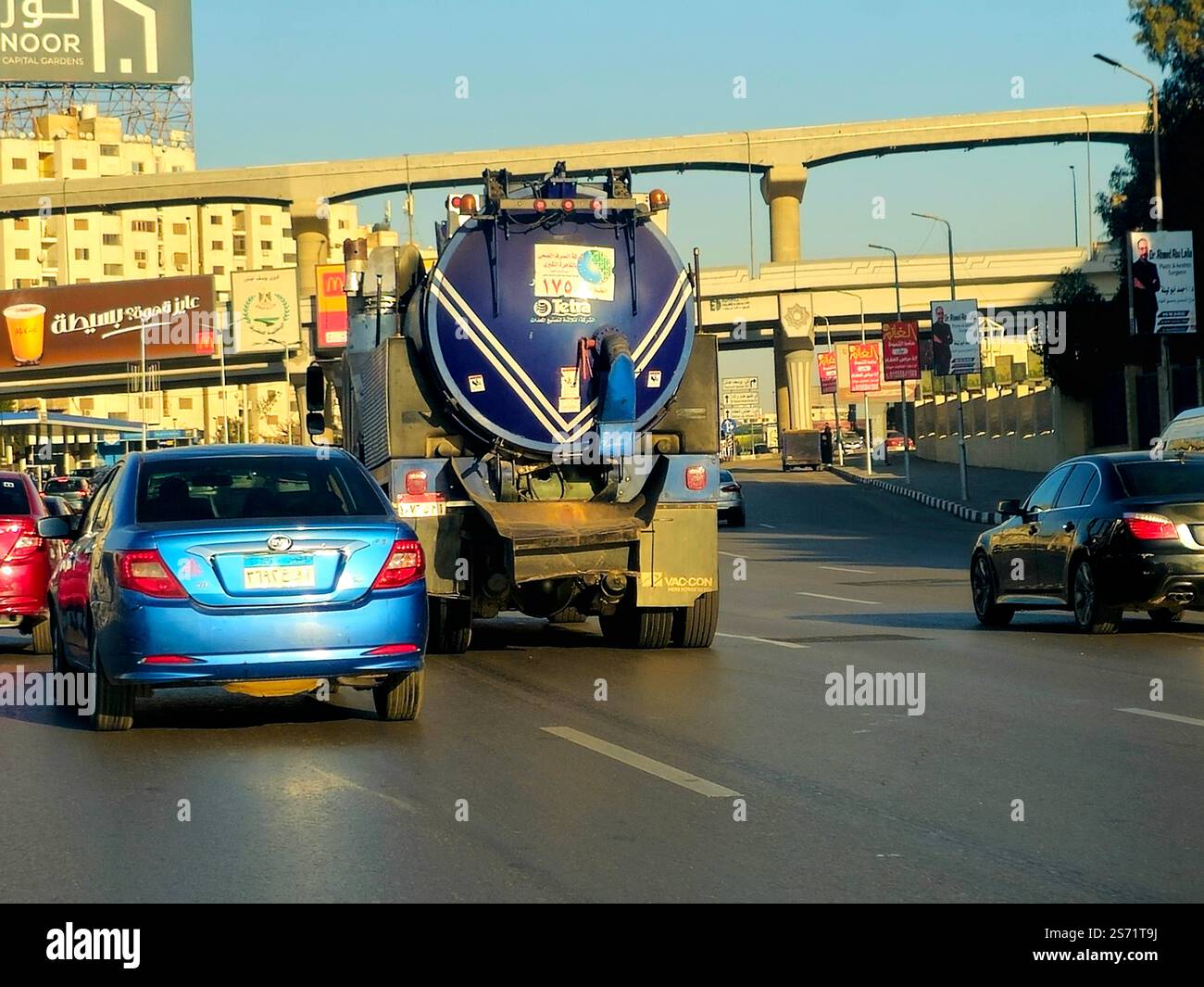 Cairo, Egypt, December 15 2024: large tanker lorry vehicle, drainage ...