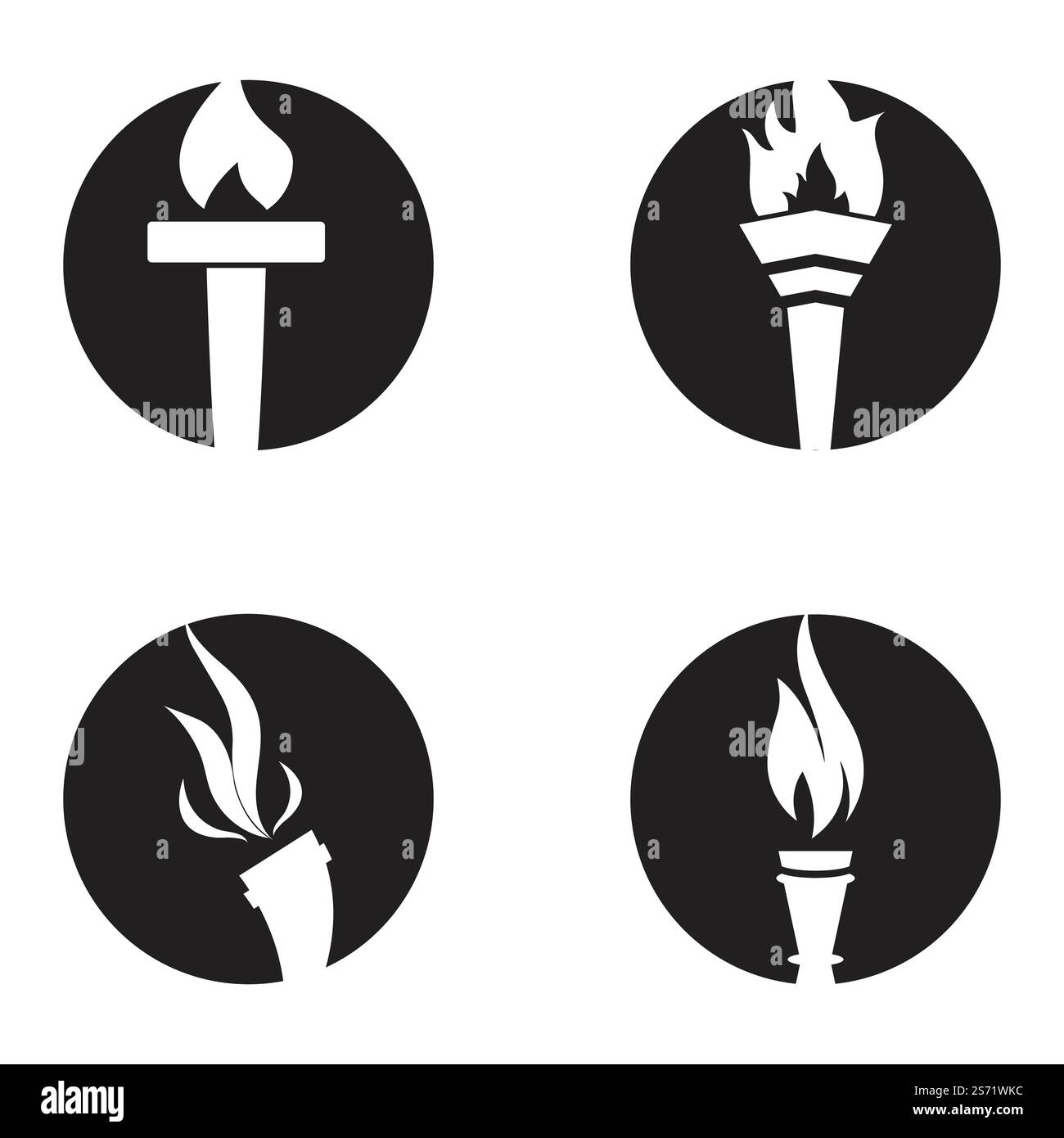 Fire torch with flame flat icons set. Collection of symbol flaming ...