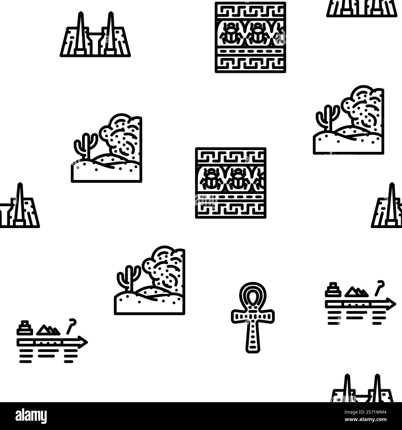 Egypt Civilization Landscape vector seamless pattern thin line ...