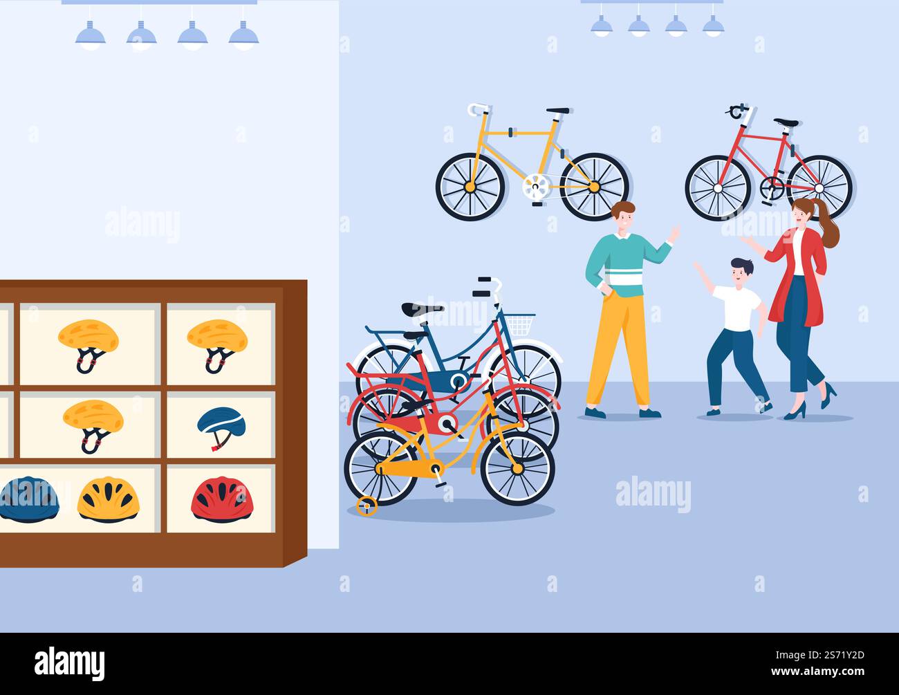 Bike Shop with Shoppers People Choosing Cycles, Accessories or Gear ...