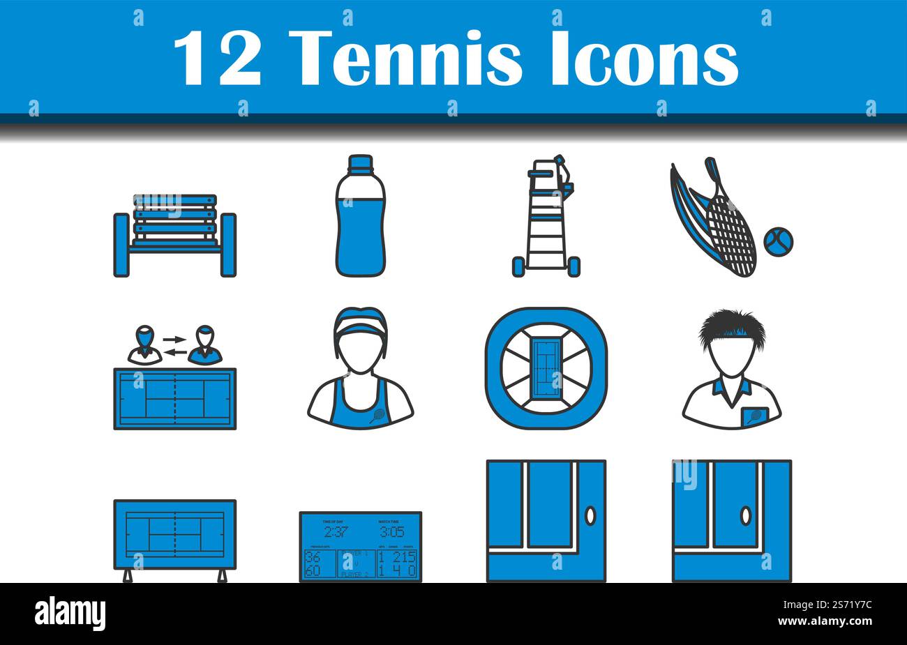 Tennis Icon Set. Editable Bold Outline With Color Fill Design. Vector ...