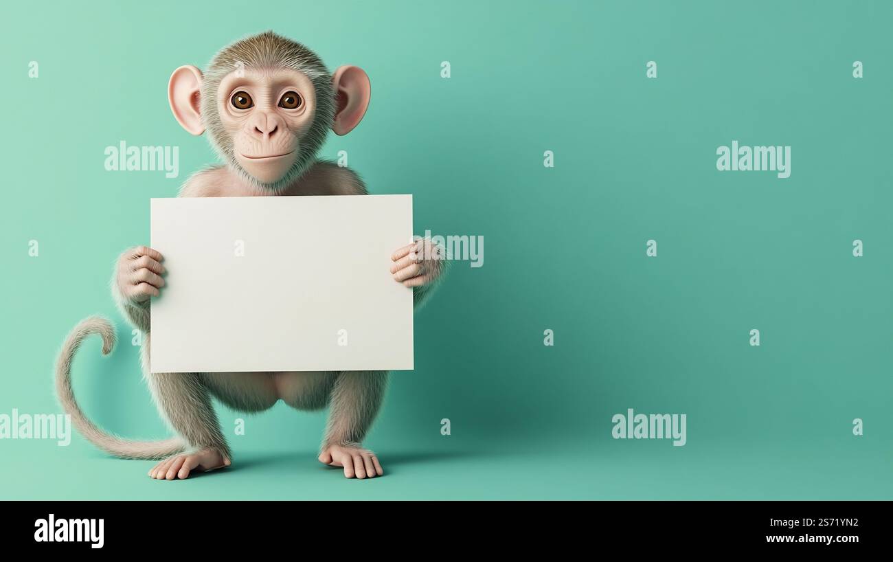 Cute grinning monkey character holding a blank white card with a pastel ...