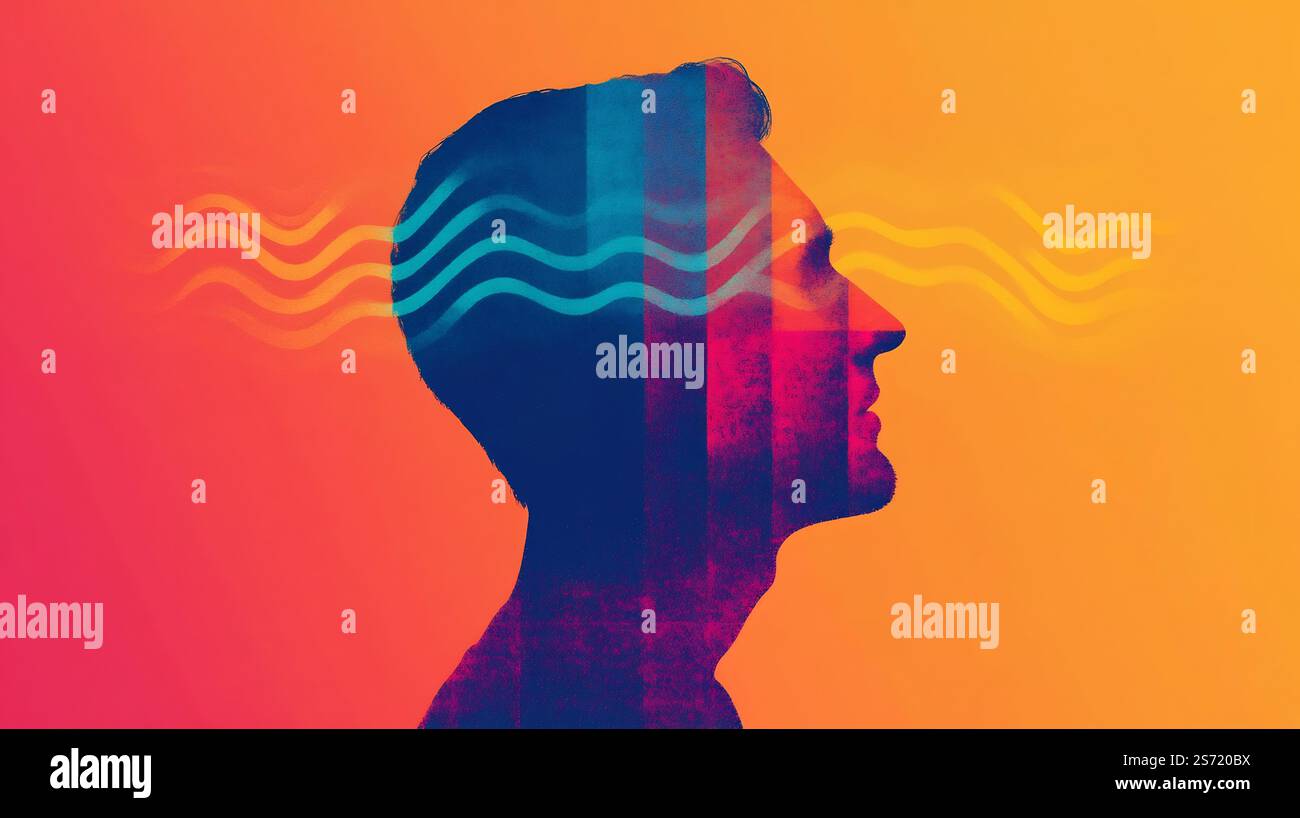 Dramatic abstract silhouette of a thinker with geometric sound waves or ...