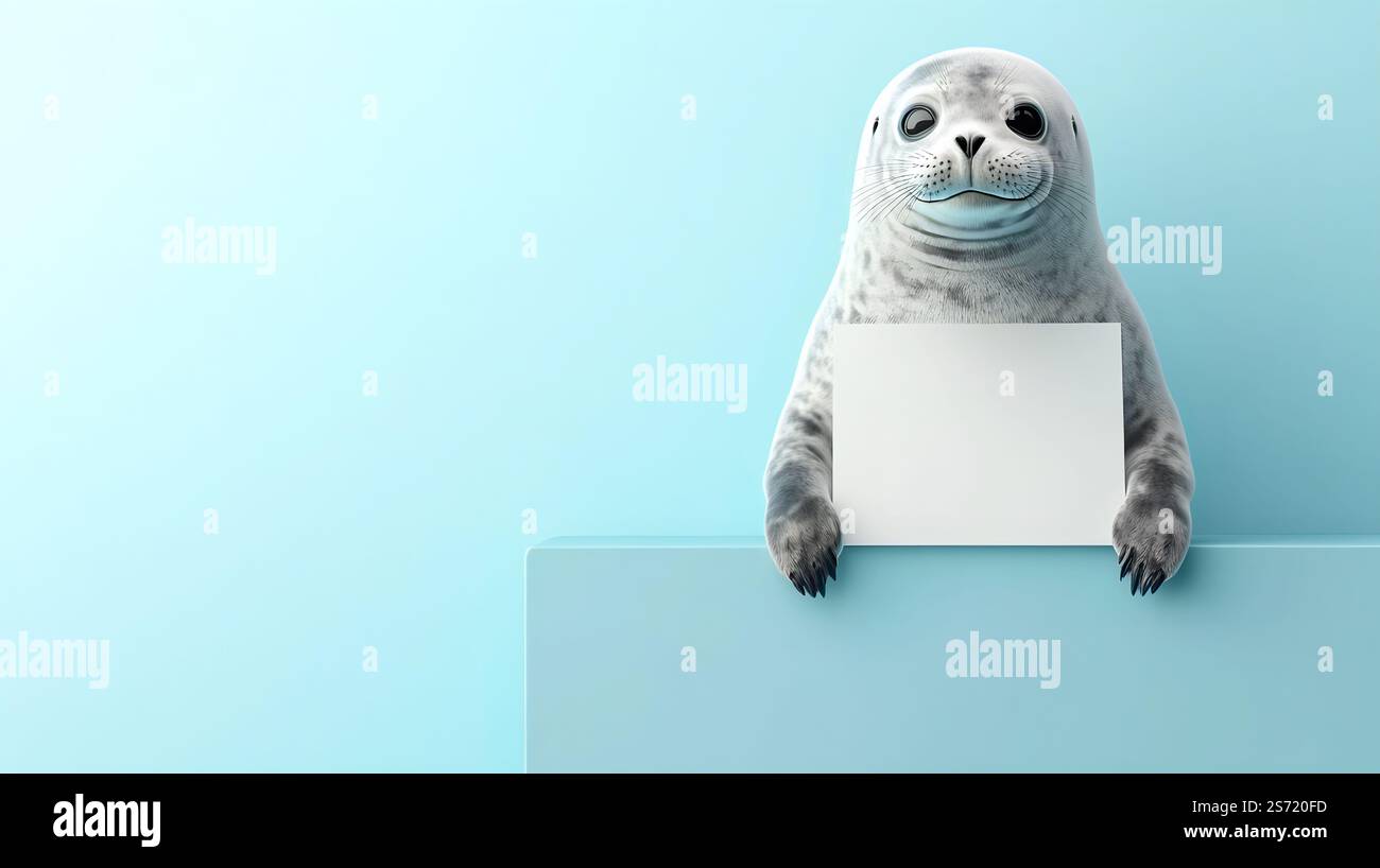 Adorable smiling seal pup holding a blank paper with its flipper,set ...