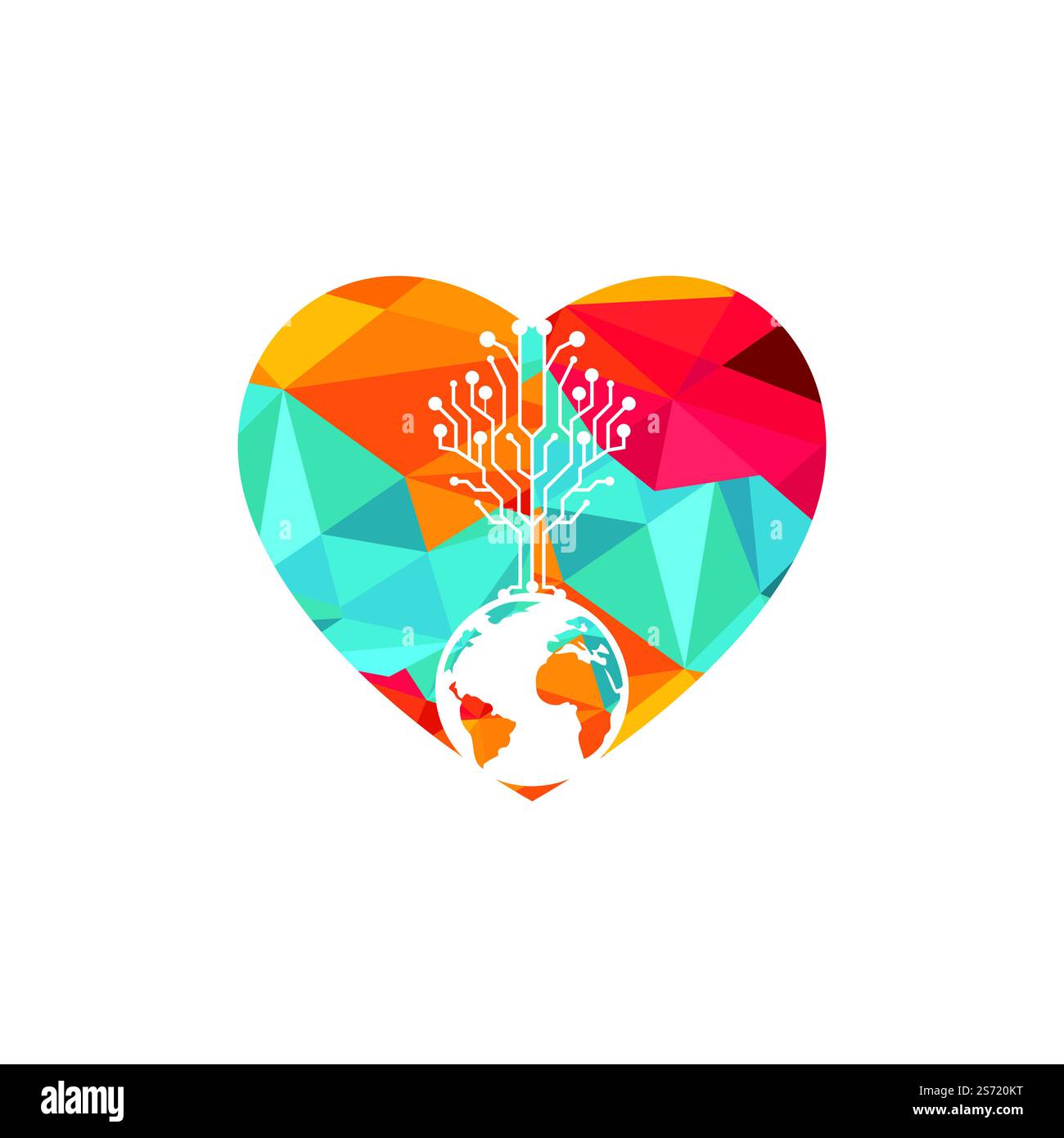 World tech vector logo design template. Globe and tech tree with heart ...