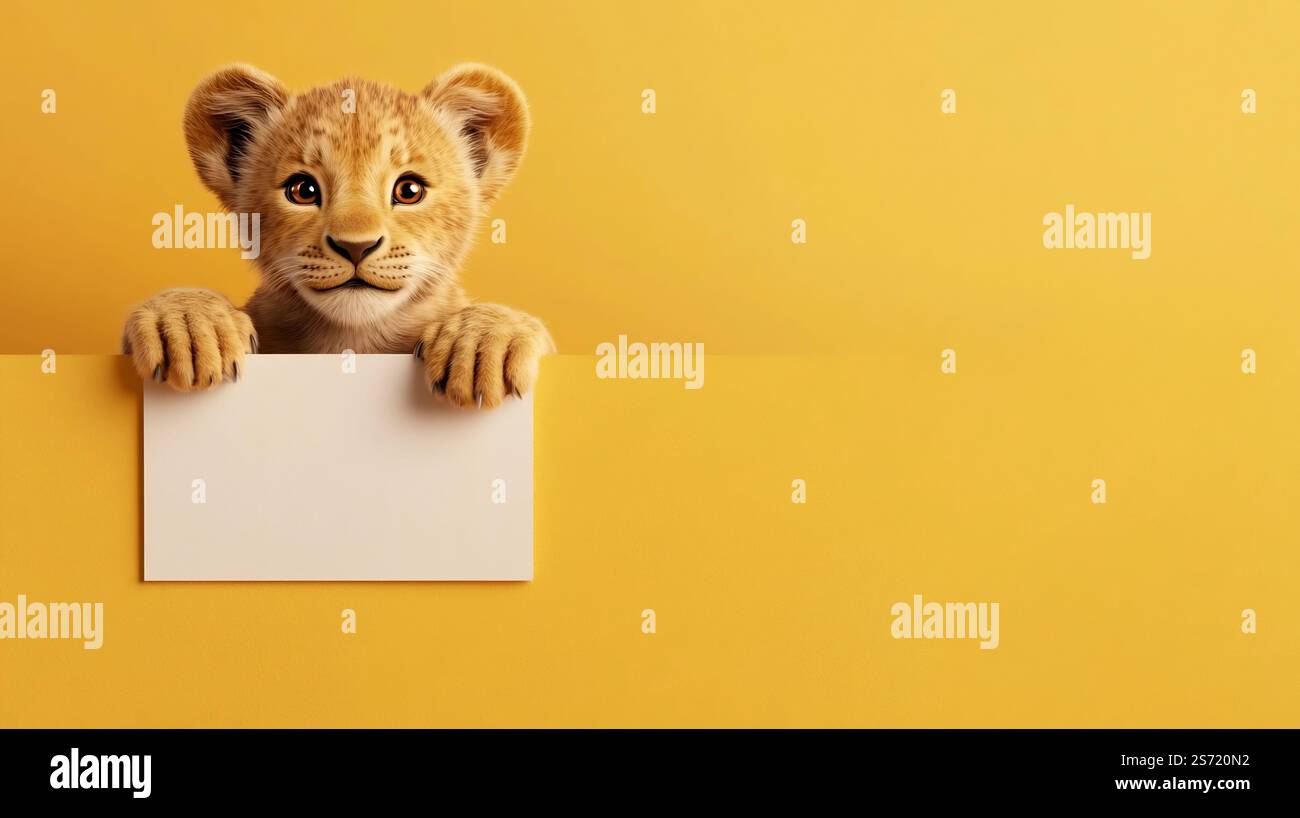 Adorable young lion cub with cute facial expression holding a blank ...
