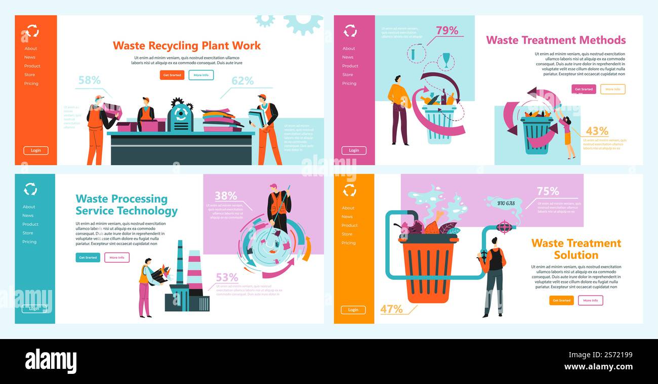 Waste recycling work at web page concept set. Vector illustration ...