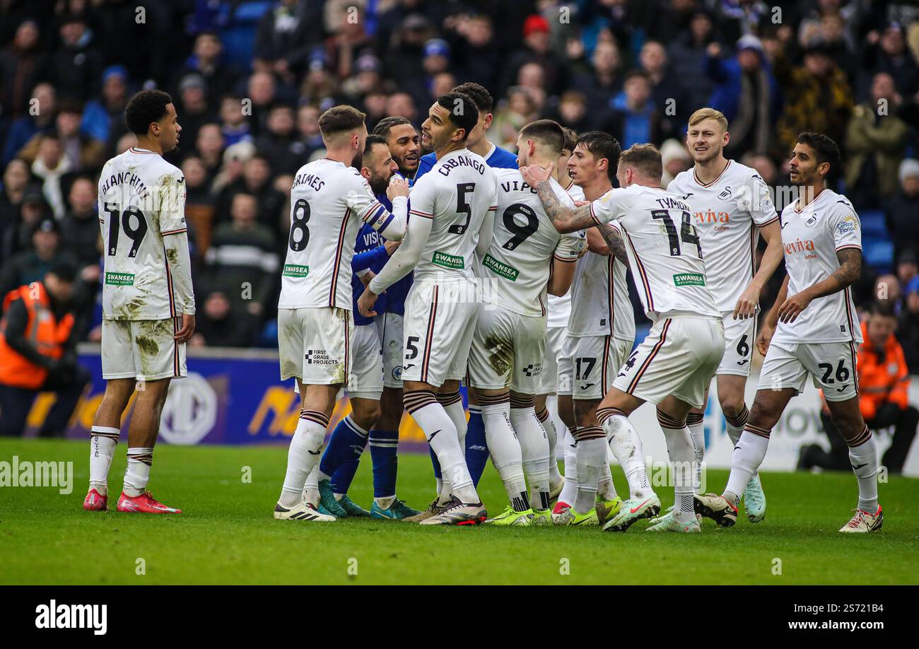 Cardiff, UK. 18th Jan, 2025. Both sets of players get engaged in a ...