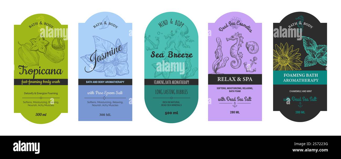 Foaming bath cosmetic product, label design set. Hygiene care sticker ...